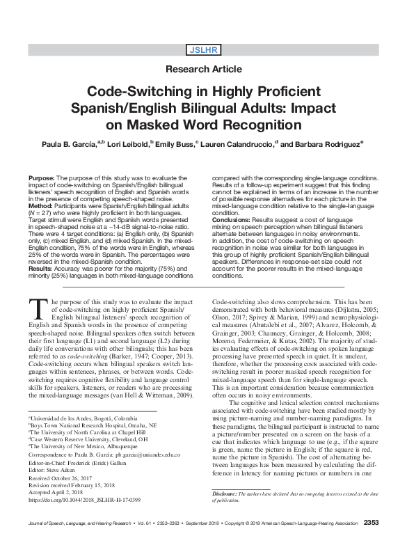 (PDF) Code-Switching in Highly Proficient Spanish/English Bilingual Adults: Impact on Masked ...