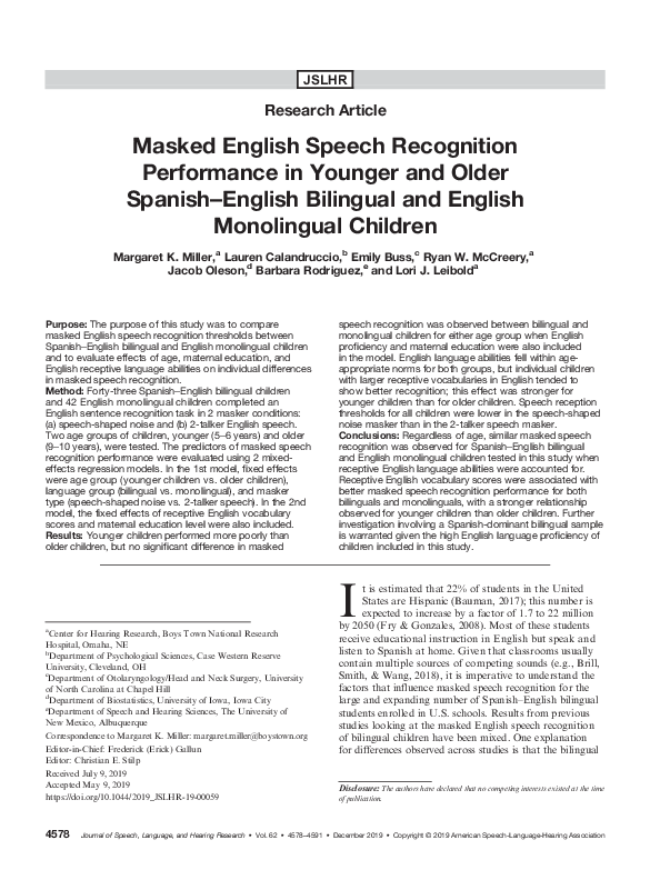 (PDF) Masked English Speech Recognition Performance in Younger and Older Spanish–English ...