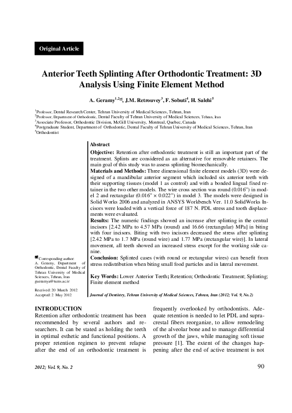 (PDF) Anterior Teeth Splinting After Orthodontic Treatment: 3D Analysis Using Finite Element Method