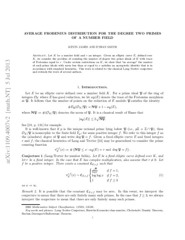 Pdf Average Frobenius Distribution For The Degree Two Primes Of A Number Field Ethan Smith