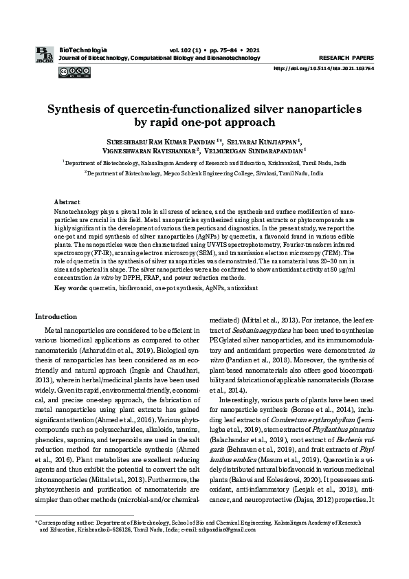 (PDF) Synthesis of quercetin-functionalized silver nanoparticles by ...