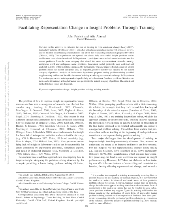 (PDF) Facilitating representation change in insight problems through training