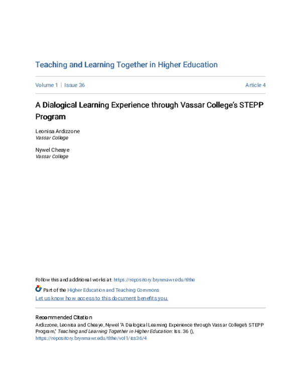 (PDF) A DIALOGICAL LEARNING EXPERIENCE THROUGH VASSAR COLLEGE'S STEPP ...