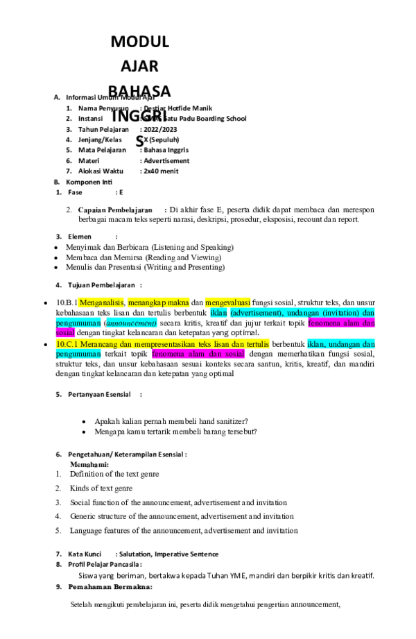 (DOC) . MODUL AJAR BAHASA INGGRIS KELAS X ADVERTISEMENT