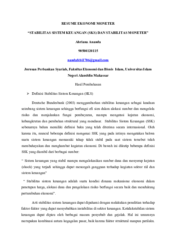 (DOC) RESUME EKONOMI MONETER "STABILITAS SISTEM KEUANGAN (SKS) DAN STABILITAS MONETER" | nanda ...
