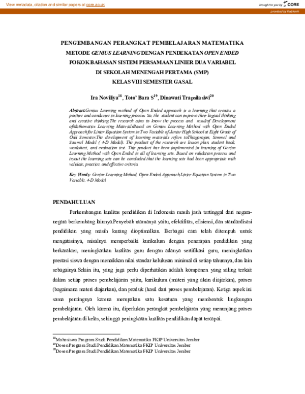 (PDF) Pengembangan Perangkat Pembelajaran Matematika Metode Genius Learning Dengan Pendekatan ...