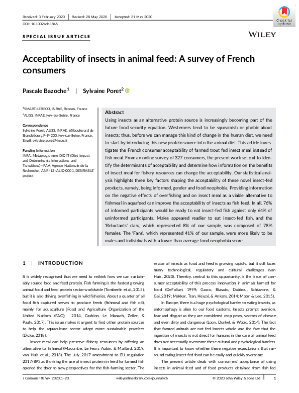 (PDF) Acceptability of insects in animal feed: A survey of French consumers