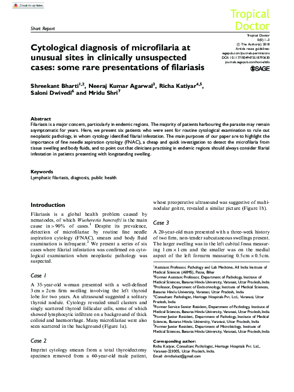 (PDF) Cytological diagnosis of microfilaria at unusual sites in ...