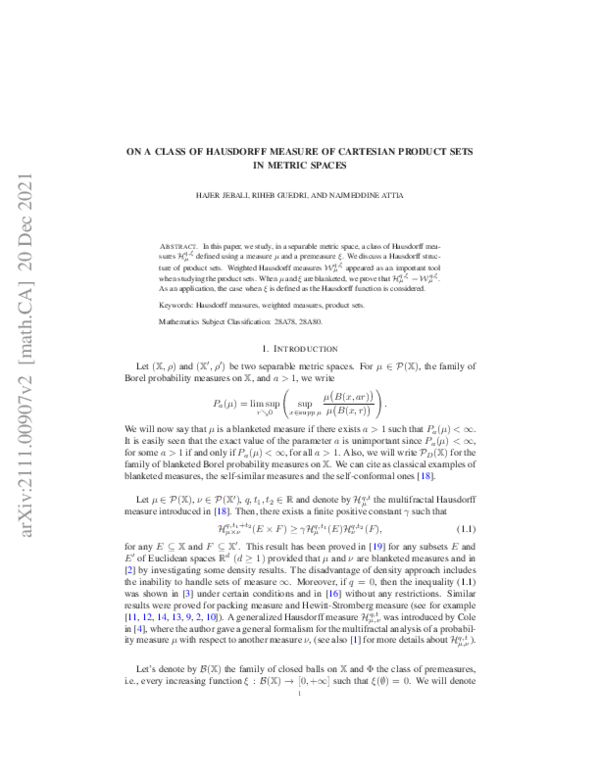 Pdf On A Class Of Hausdorff Measure Of Cartesian Product Sets