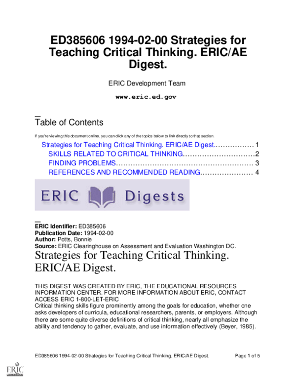 (PDF) Strategies for Teaching Critical Thinking. ERIC/AE Digest