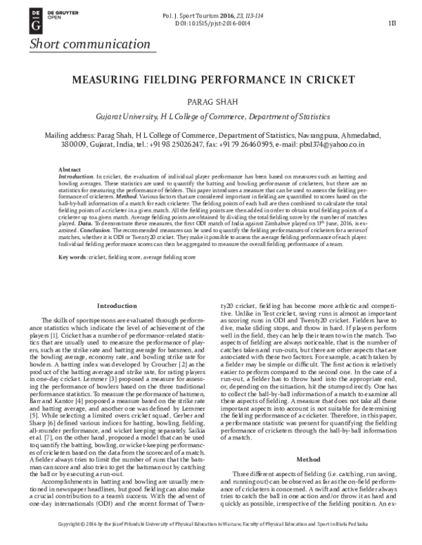 (PDF) Measuring Fielding Performance in Cricket