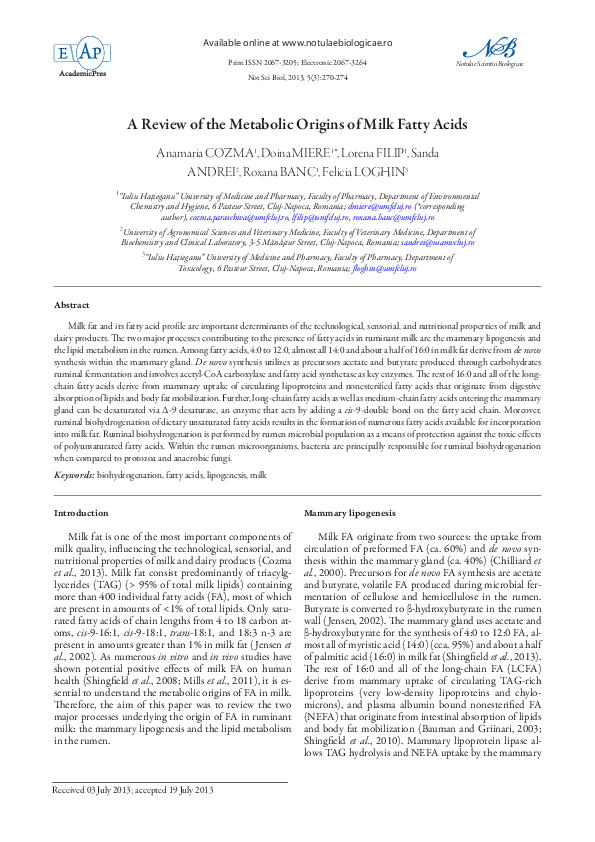 (PDF) A Review of the Metabolic Origins of Milk Fatty Acids