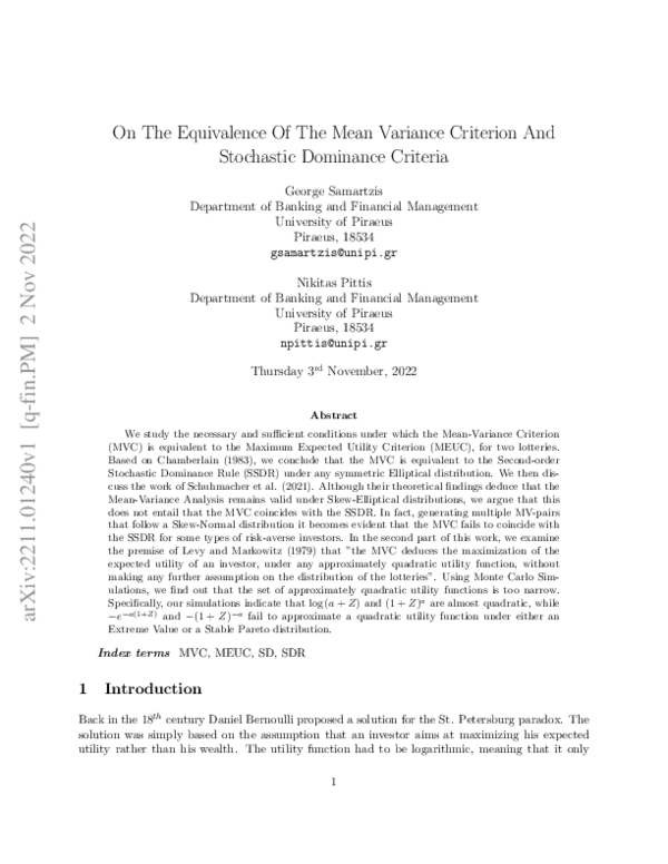 Pdf On The Equivalence Of The Mean Variance Criterion And Stochastic Dominance Criteria