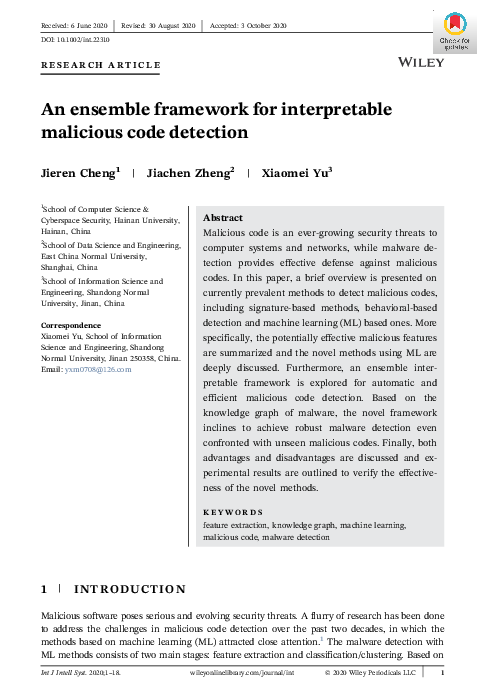 (PDF) An ensemble framework for interpretable malicious code detection