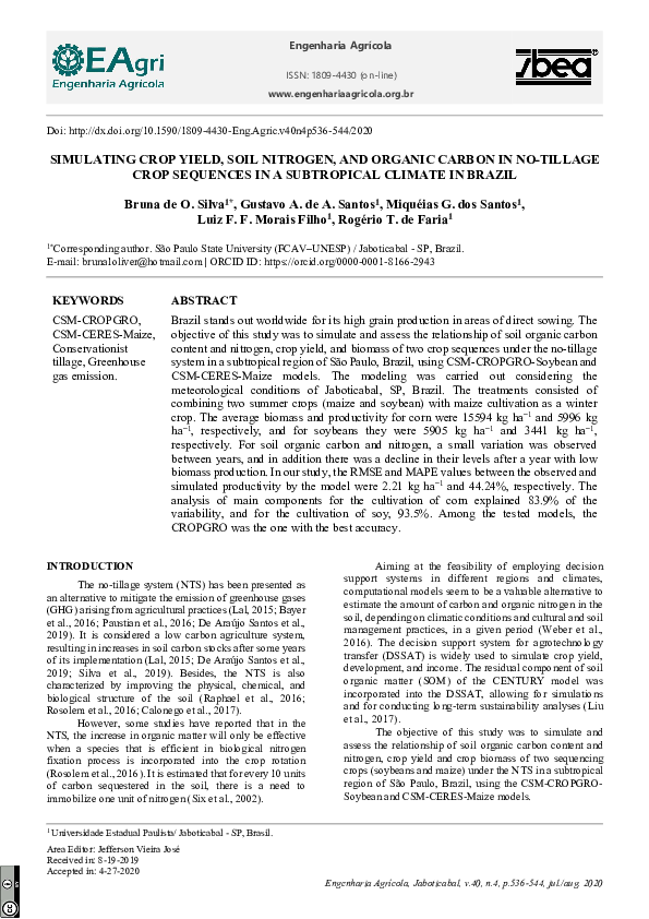 (PDF) Simulating Crop Yield, Soil Nitrogen, and Organic Carbon in No-Tillage Crop Sequences in a ...