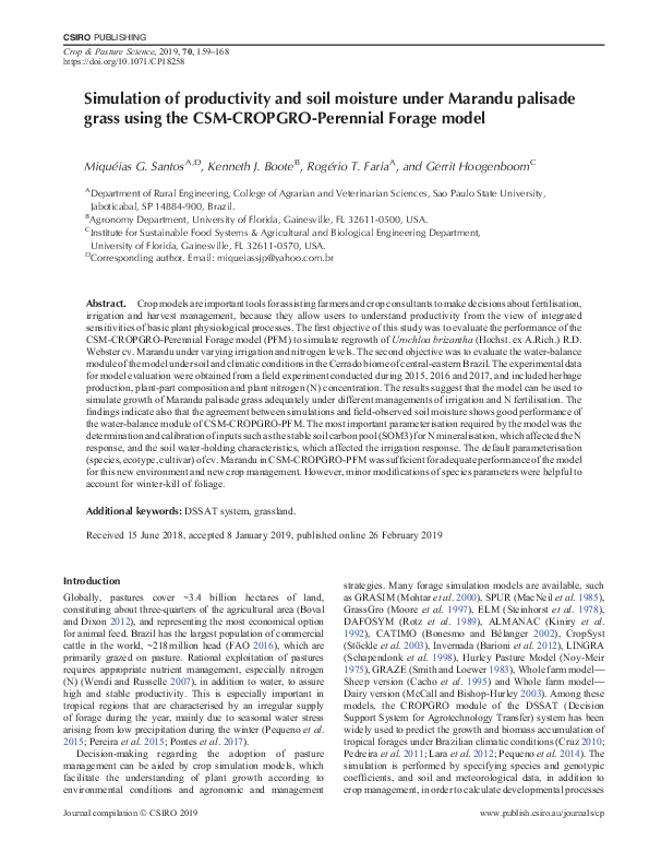 (PDF) Simulation of productivity and soil moisture under Marandu palisade grass using the CSM ...