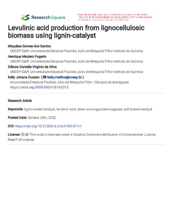 (PDF) Levulinic acid production from lignocellulosic biomass using lignin-catalyst