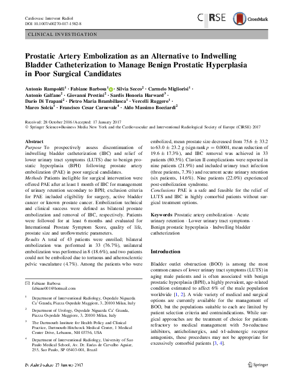Pdf Prostatic Artery Embolization As An Alternative To Indwelling Bladder Catheterization To