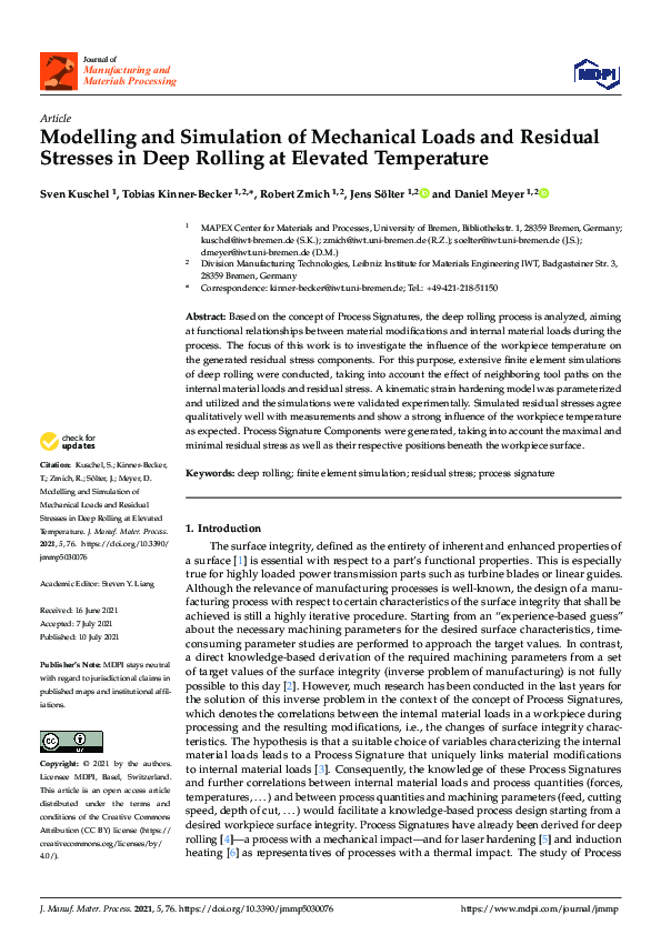 (PDF) Modelling and Simulation of Mechanical Loads and Residual Stresses in Deep Rolling at ...
