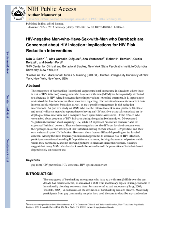 Pdf Are Hiv Negative Men Who Have Sex With Men And Who Bareback Concerned About Hiv Infection