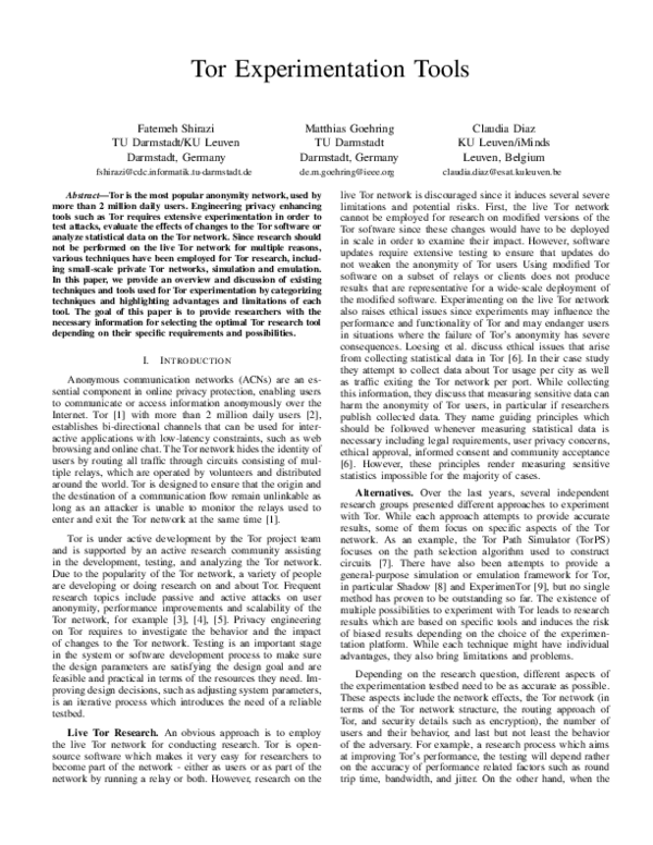 (PDF) Techniques and Tools for Tor Network Experimentation