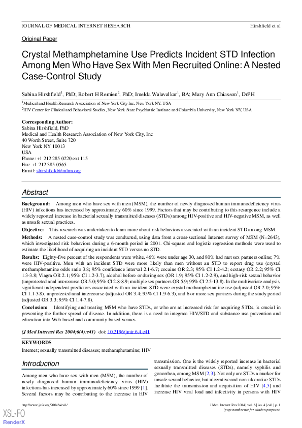 Pdf Crystal Methamphetamine Use Predicts Incident Std Infection Among Men Who Have Sex With