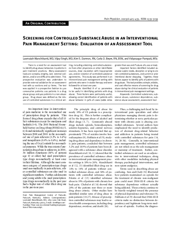 (PDF) Screening for Controlled Substance Abuse in an Interventional ...