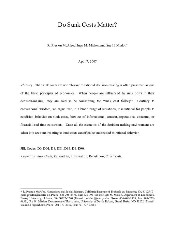 (PDF) Do Sunk Costs Matter?