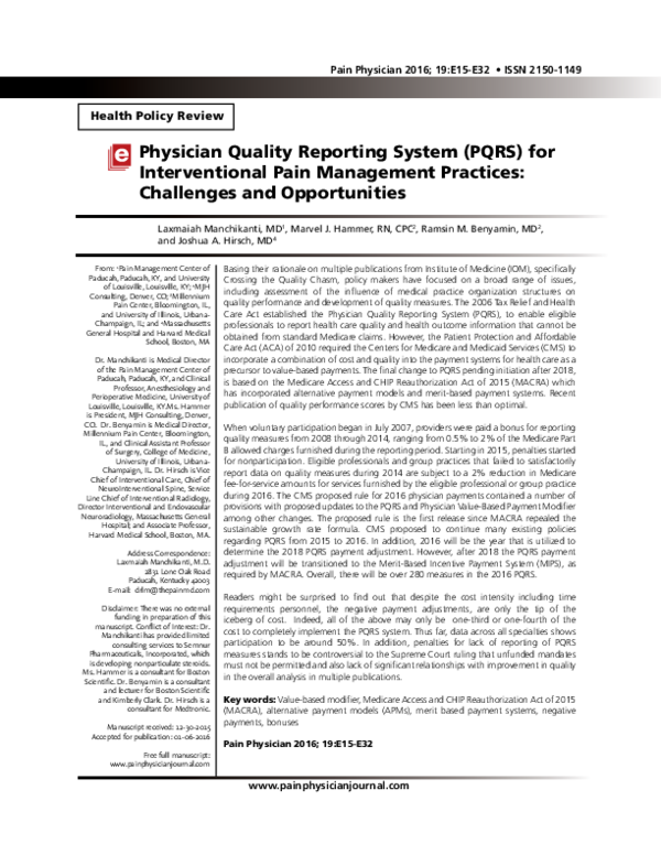 (PDF) Physician Quality Reporting System (PQRS) for Interventional Pain ...