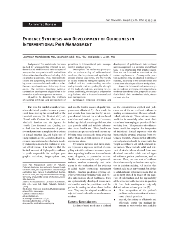 (PDF) Guidelines for Evidence Synthesis in Pain Management