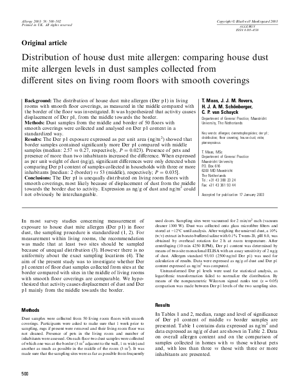 (PDF) Distribution of house dust mite allergen: comparing house dust ...