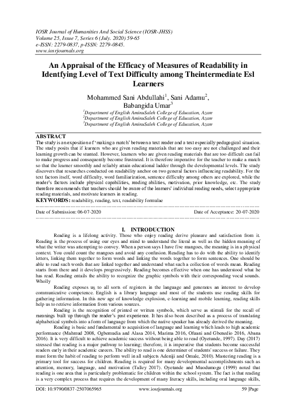 (PDF) An Appraisal of the Efficacy of Measures of Readability in ...