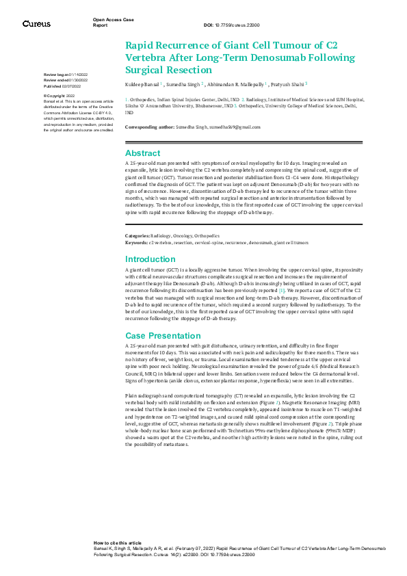 Rapid Recurrence of Giant Cell Tumour of C2 Vertebra After Long-Term ...