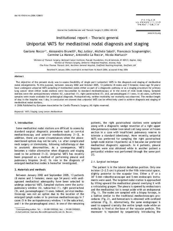 (PDF) Institutional report - Thoracic general Uniportal VATS for mediastinal nodal diagnosis and ...