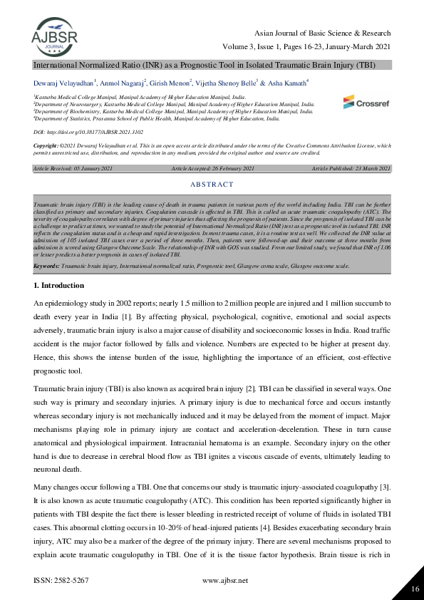 (PDF) International Normalized Ratio (INR) as a Prognostic Tool in ...