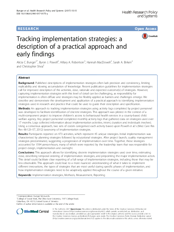 (PDF) Tracking implementation strategies: a description of a practical approach and early findings