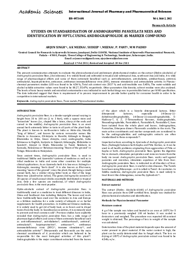 (PDF) Studies on Standardisation of Andrographis Paniculata Nees and Identification by HPTLC ...