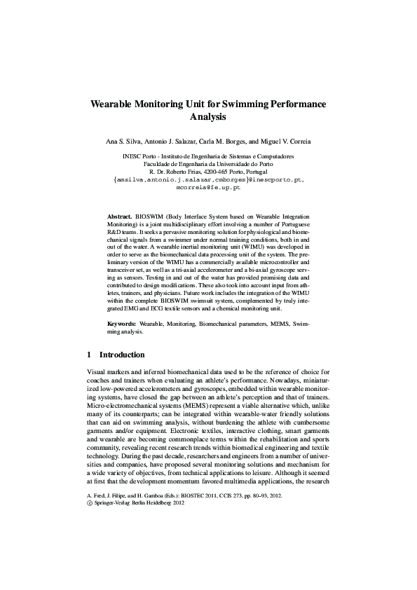(PDF) Wearable Monitoring Unit for Swimming Performance Analysis