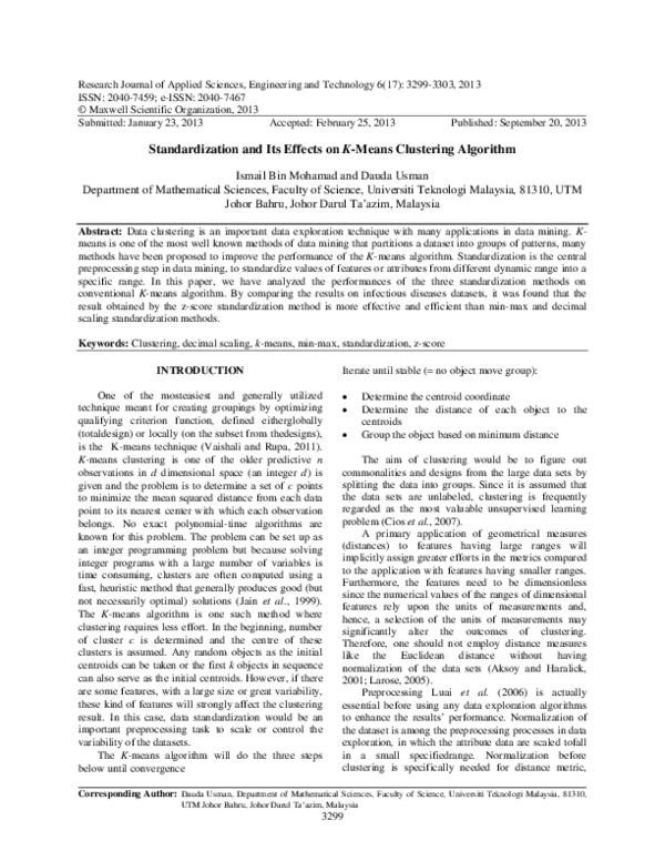 (PDF) Standardization and Its Effects on K-Means Clustering Algorithm | Shehu dauda Usman ...
