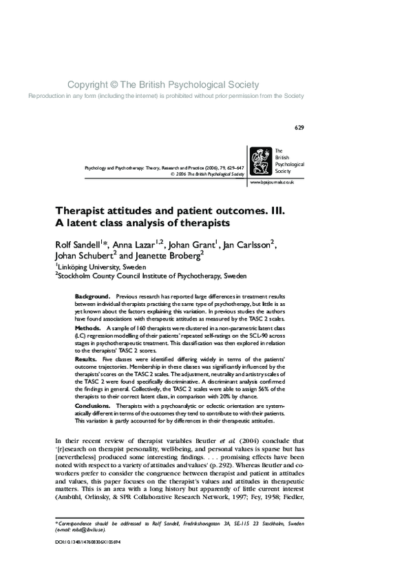 (PDF) Therapist attitudes and patient outcomes. III. A latent class ...