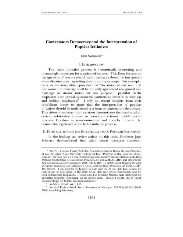 (PDF) Contestatory Democracy and the Interpretation of Popular Initiatives