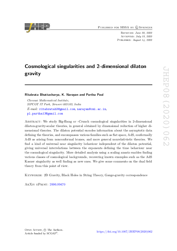 (PDF) Cosmological singularities and 2-dimensional dilaton gravity