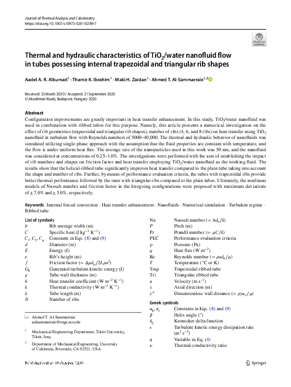 (PDF) Thermal and hydraulic characteristics of TiO2/water nanofluid flow in tubes possessing ...
