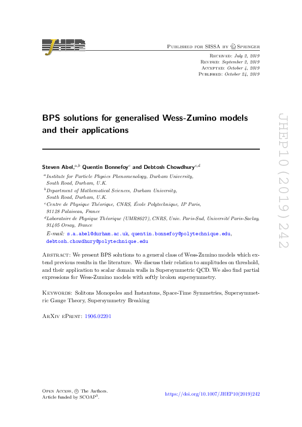 (PDF) BPS solutions for generalised Wess-Zumino models and their applications