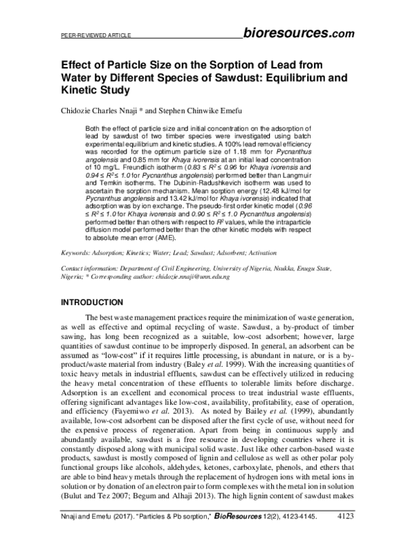 (PDF) Effect of Particle Size on the Sorption of Lead from Water by Different Species of Sawdust ...