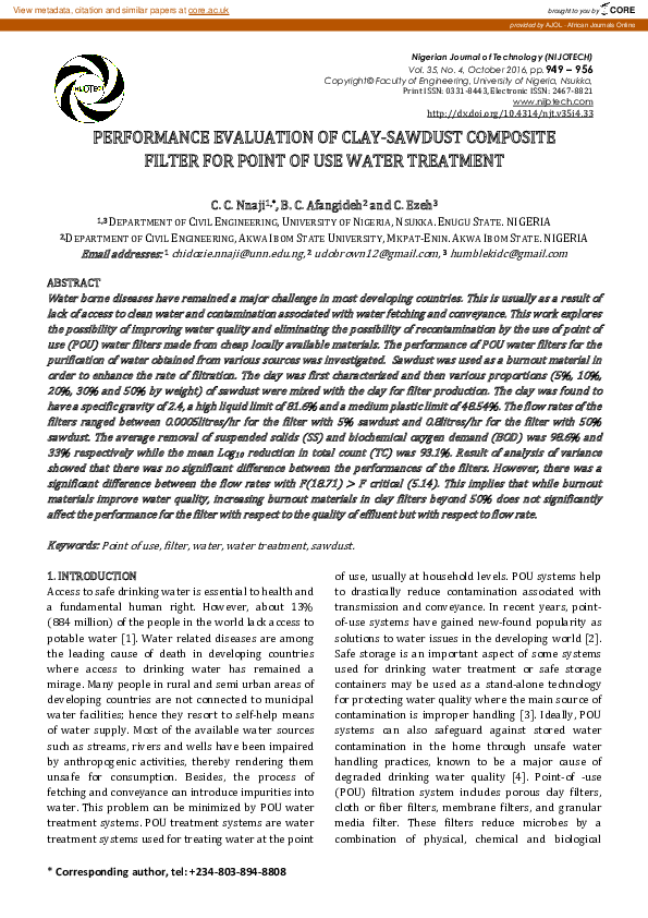 (PDF) Performance Evaluation of Clay-Sawdust Composite Filter for Point ...