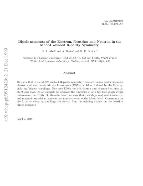 (PDF) Dipole moments of the electron, neutrino and neutron in the MSSM without R-parity symmetry