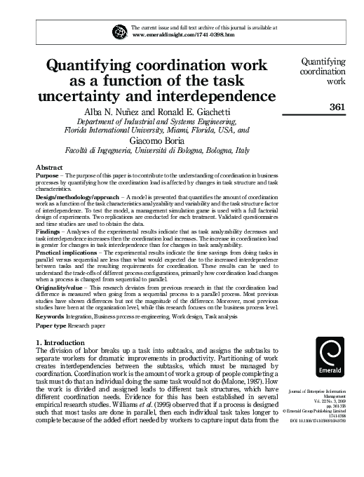 (PDF) Quantifying coordination work as a function of the task uncertainty and interdependence