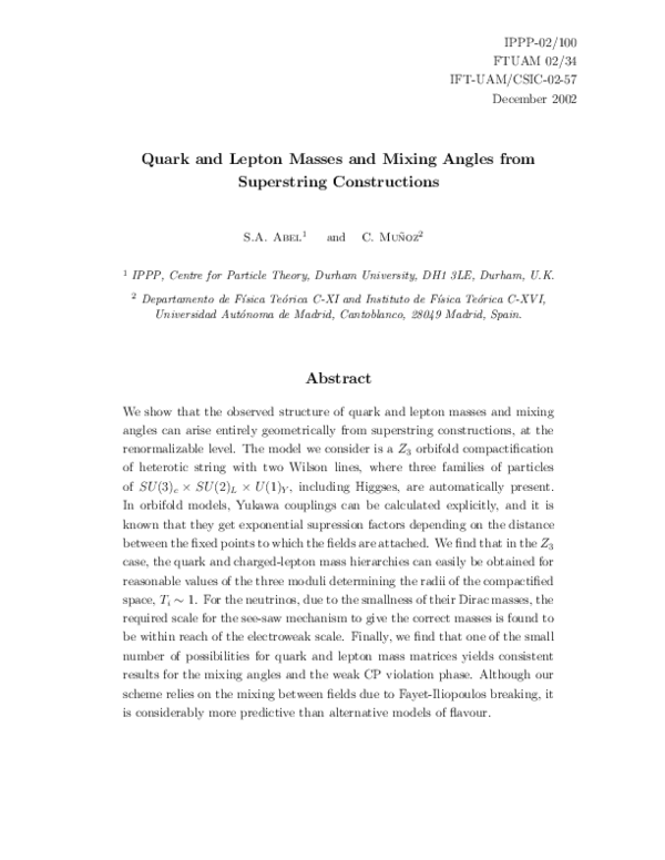 (PDF) Quark and lepton masses and mixing angles from superstring ...