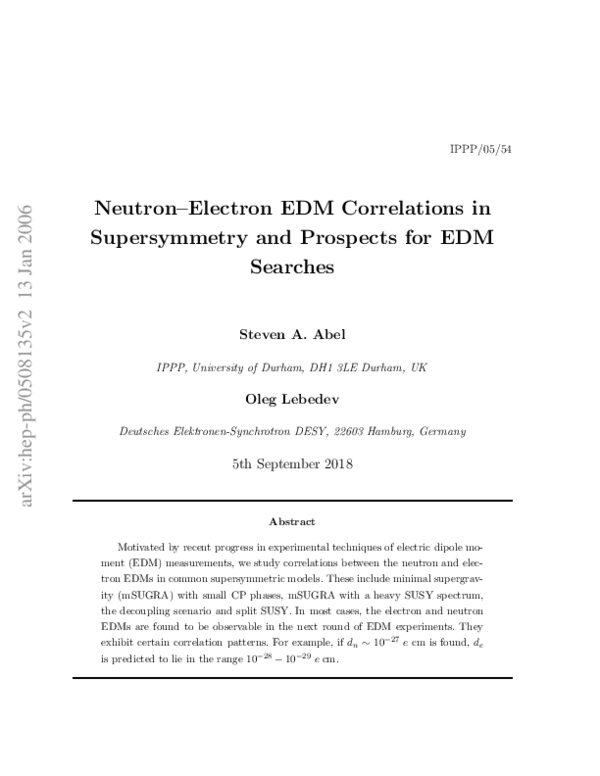 (PDF) Neutron-electron EDM correlations in supersymmetry and prospects for EDM searches